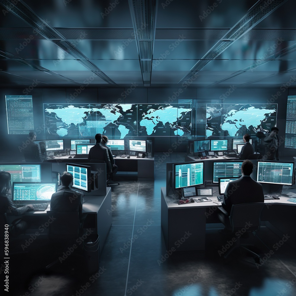 Cybersecurity Operations Center With Security Analysts Monitoring Network Traffic And Security