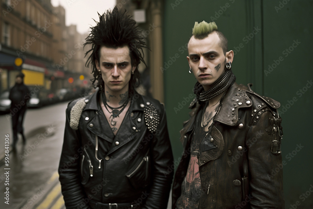 Two British punk rock men from the 1970s. Leather jacket, piercing ...