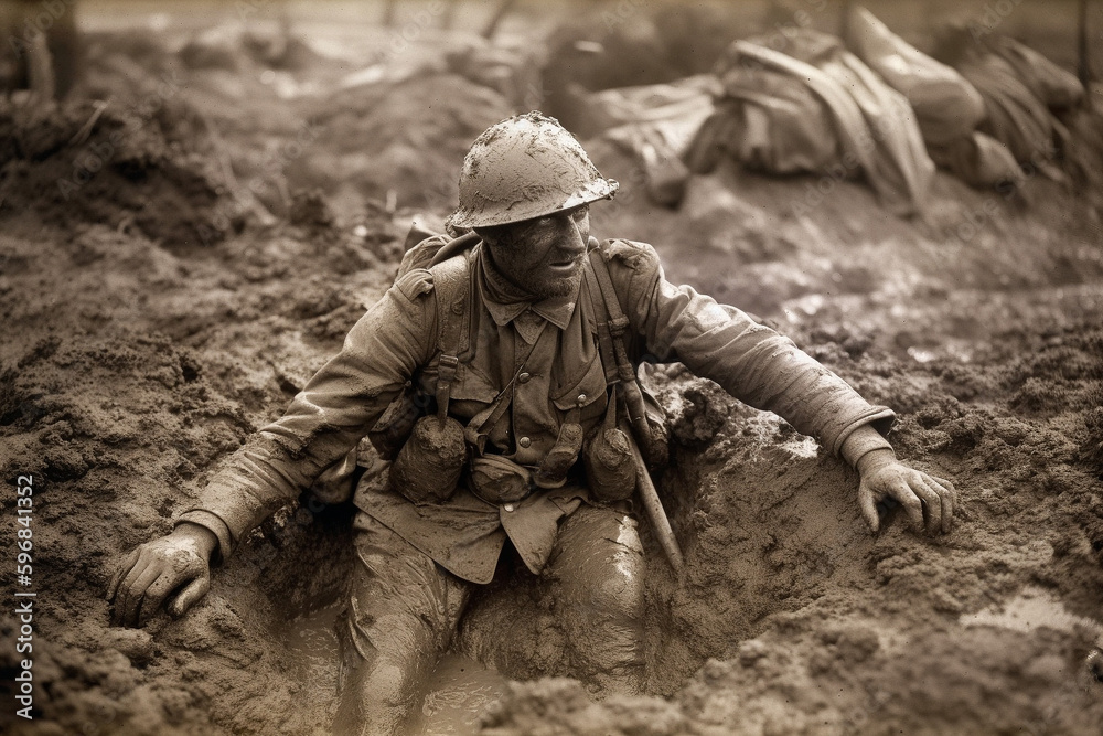 Poster Soldier in muddy trench during war. generative ai – Wall Art ...