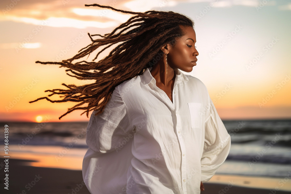 Beautiful African American woman with long black hair in dreadlocks on ...