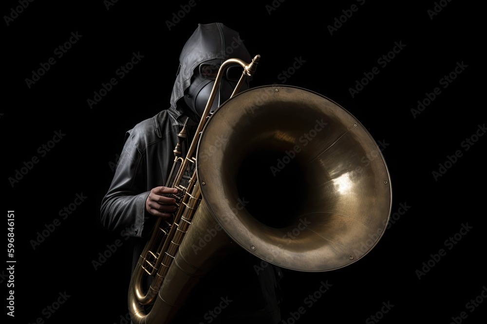 Man dressed in black with head covered playing a strange old designed ...