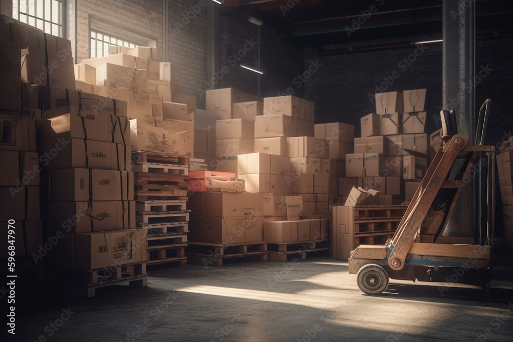 3D warehouse with stacked cardboard boxes and cart. Generative AI Stock ...
