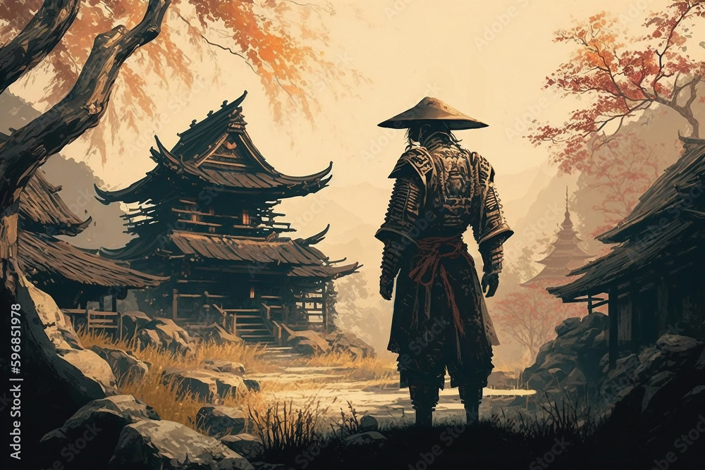 Samurai standing in ancient japanese village. Stock Illustration ...