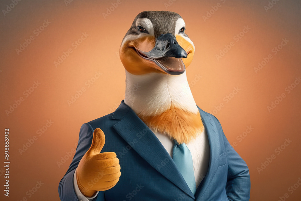 happy duck in a business suit thumb up, created with Generative AI ...