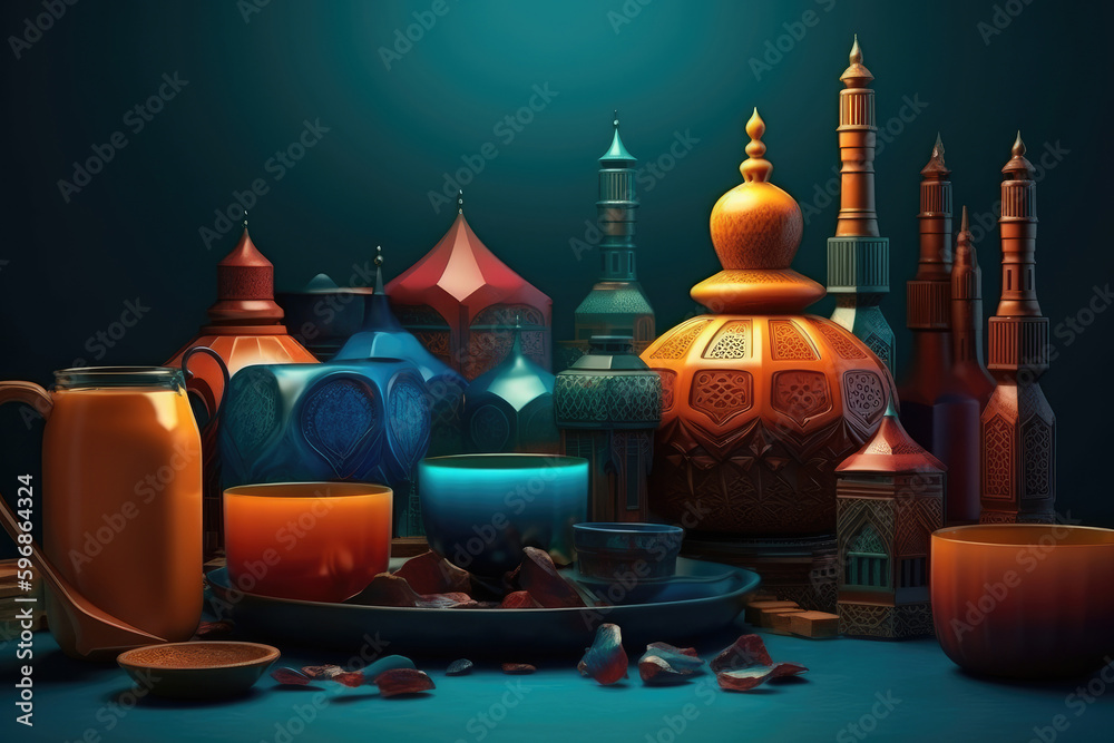 Various items and symbols related to Ramadan. Objects such as bowls ...