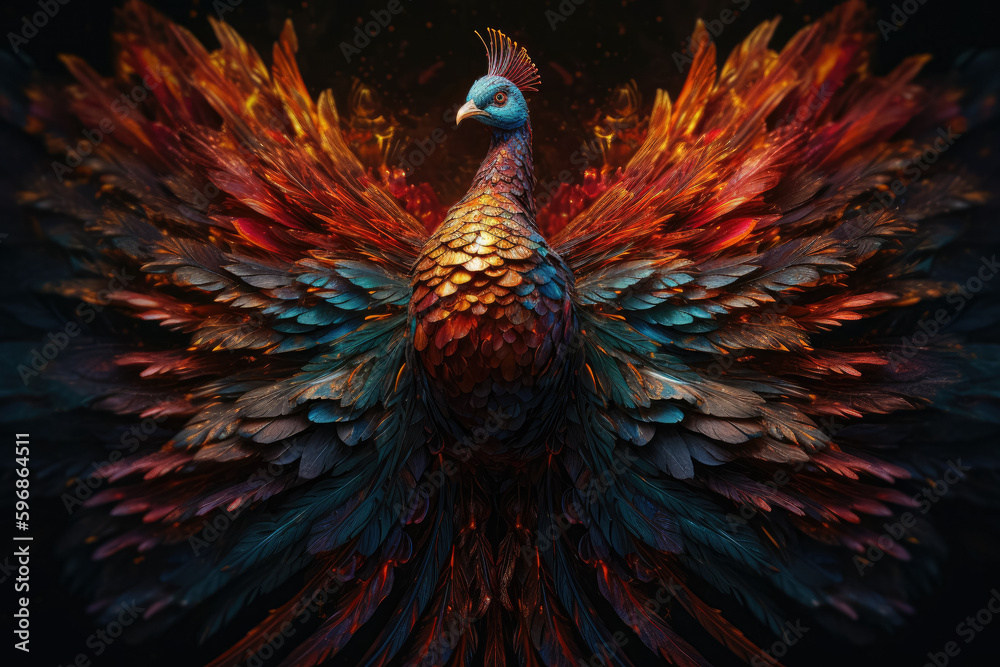 A stunning red and blue phoenix spreads its wings, displaying its ...