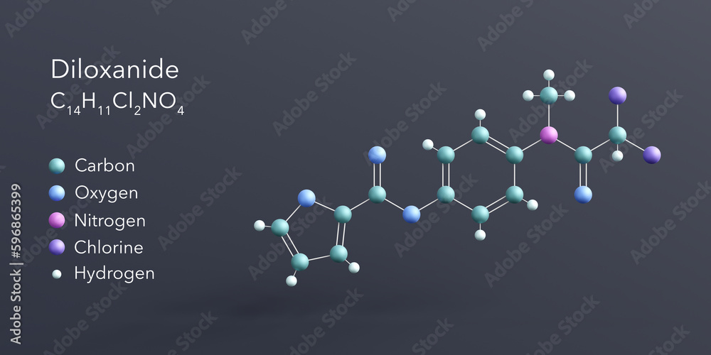 diloxanide molecule 3d rendering, flat molecular structure with ...