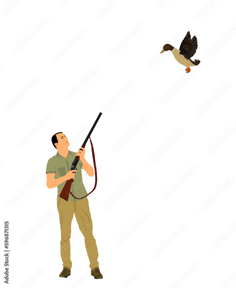 Aiming hunter man with rifle shooting duck flying on the sky vector ...