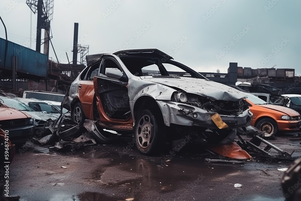 Modern damaged cars junkyard. Wrecked cars after accident, graveyard ...