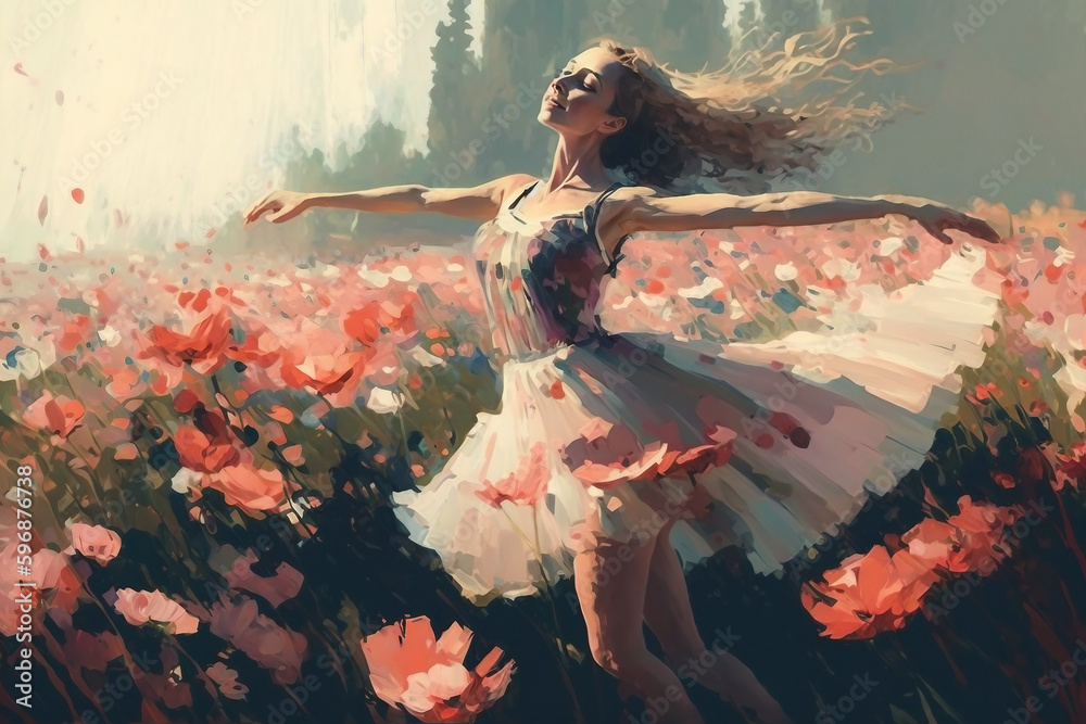 Happy woman in a white dress finds freedom in flower fields. Generative ...