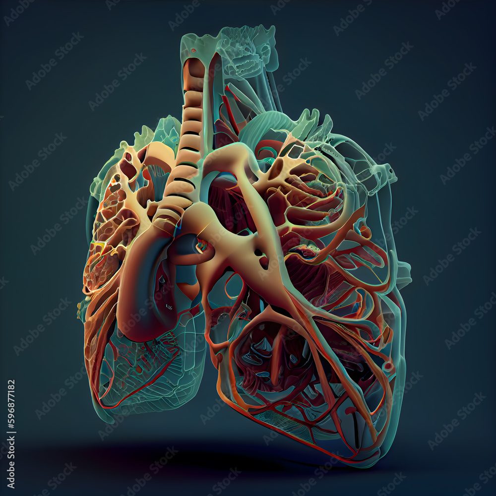 Human heart with circulatory system on dark background. 3D rendering ...
