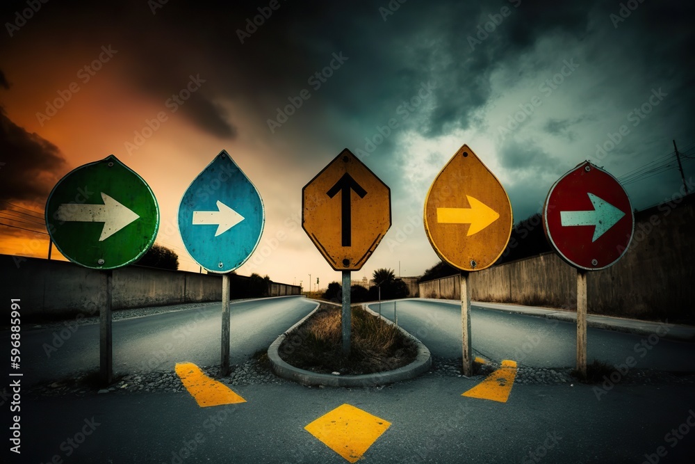 Variety of traffic signs indicating the direction for confused people ...