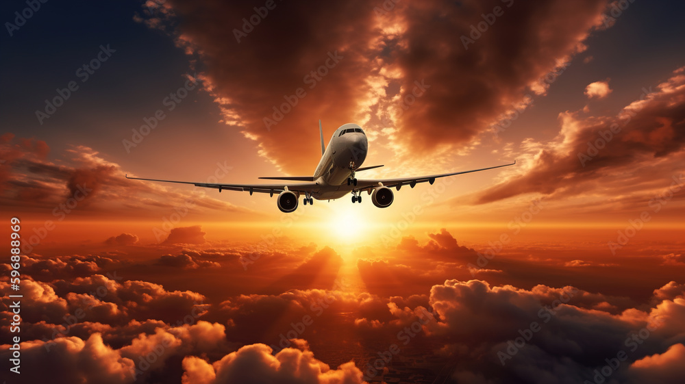 Airplane flying over spectacular sunset sky light, Passengers Jet plane ...