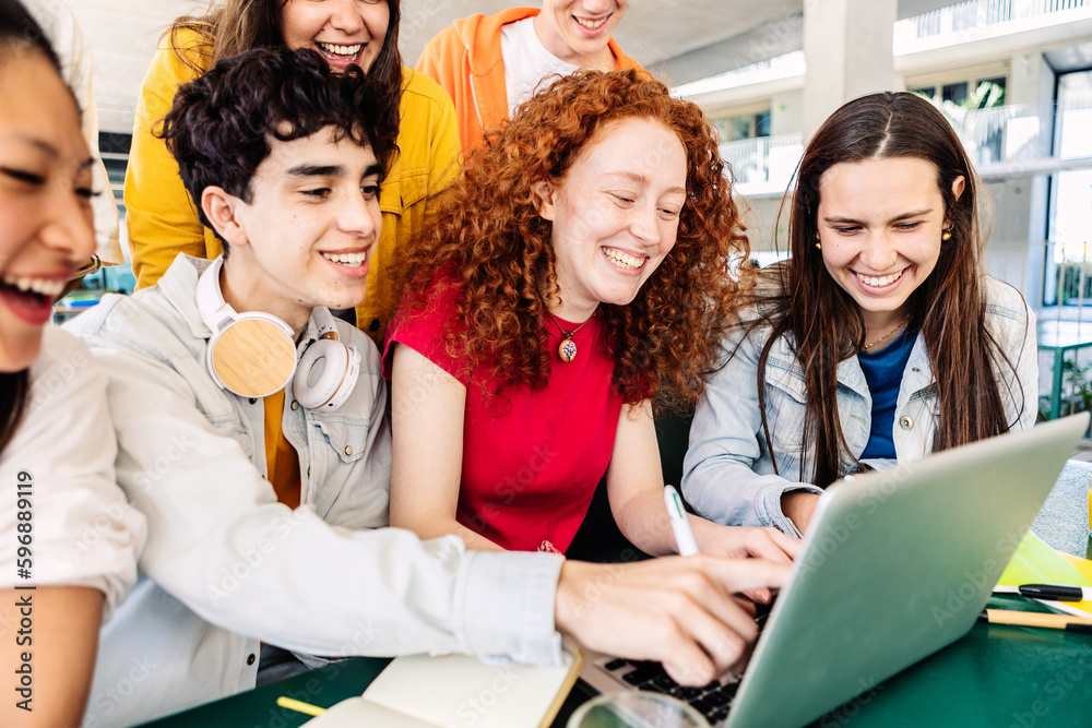Young group of student people studying together at college campus. High ...