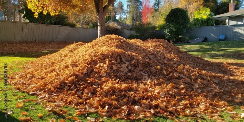 The freshly raked leaves in a backyard form a perfect crisp pile a ...