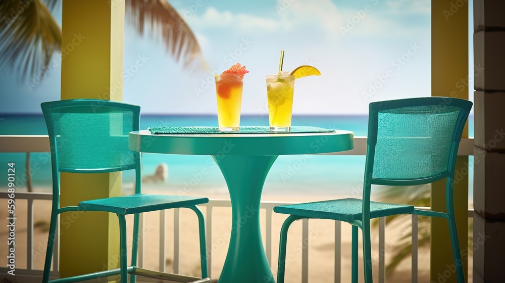 Beachside Cafe - Table with cocktail and Chairs with Bokeh Ocean Sea ...