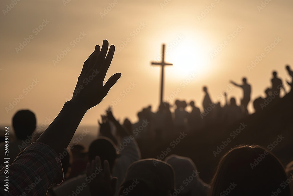 hands of people and crowd of people crowds reach for the wooden cross ...