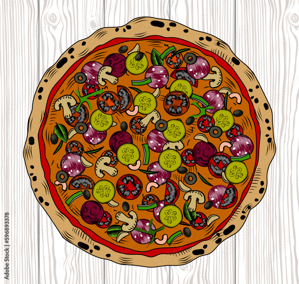 Round pizza on a wooden table. Conceptual design of a restaurant menu ...