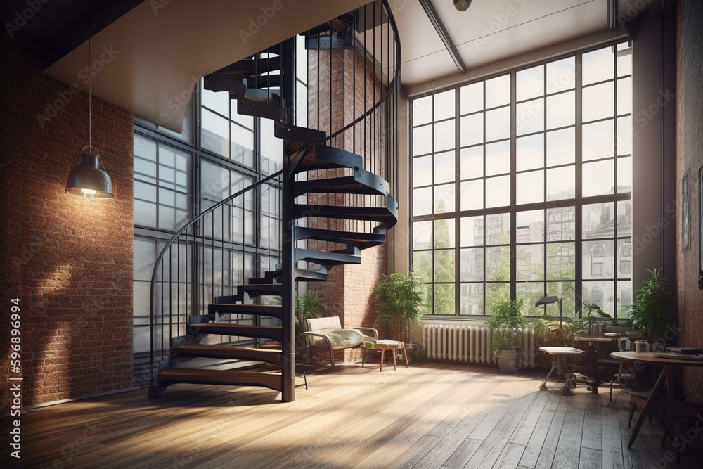 3D rendering of industrial loft architecture interior featuring curved ...