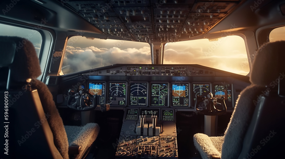 Cockpit of airplane inside view, empty flight deck of modern aircraft ...
