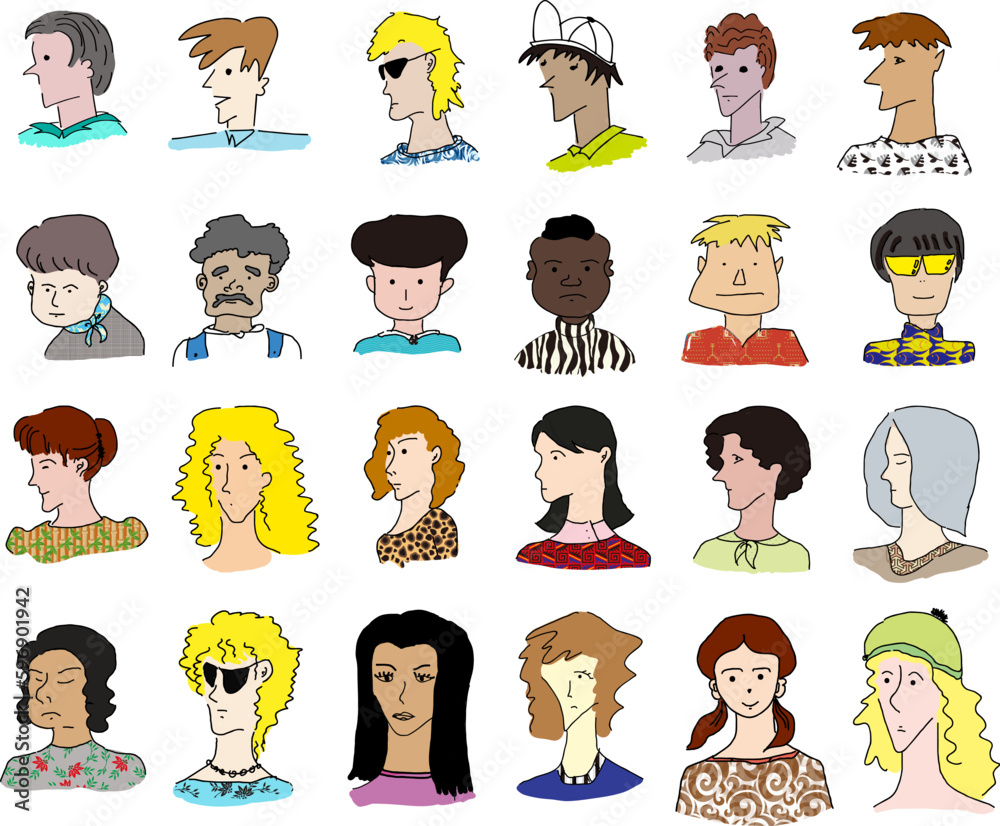 남자 여자 사람 인종 흑인 백인 황인 얼굴 표정 Stock Vector | Adobe Stock