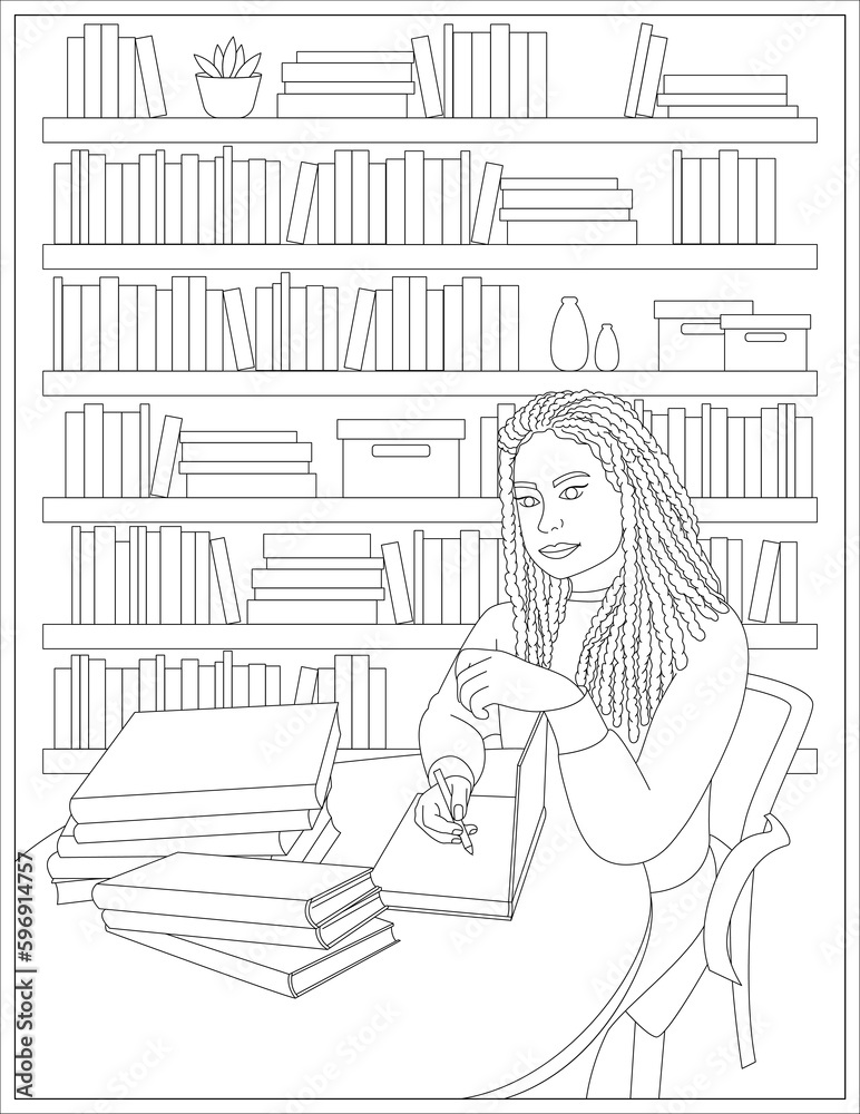 Coloring page of black woman writer with pen writing an autograph in ...