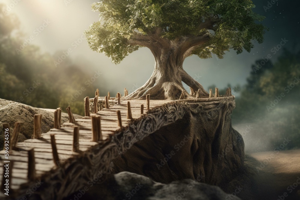 Overcoming adversity shown as a tree bridging a hurdle, representing ...