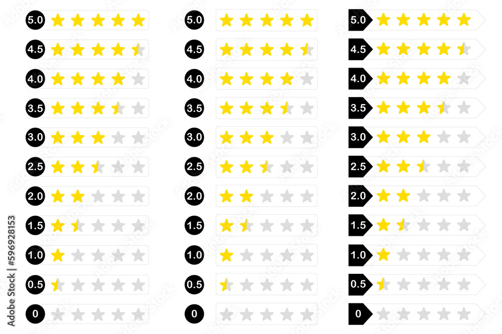 5 gold stars quality rating icon. Five yellow star product quality rating. Golden star vector ...