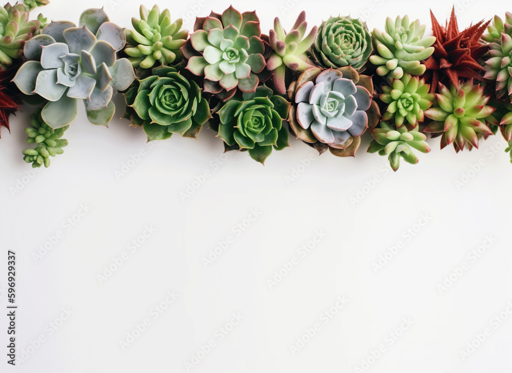succulent plants on white background, top down view floral frame of ...