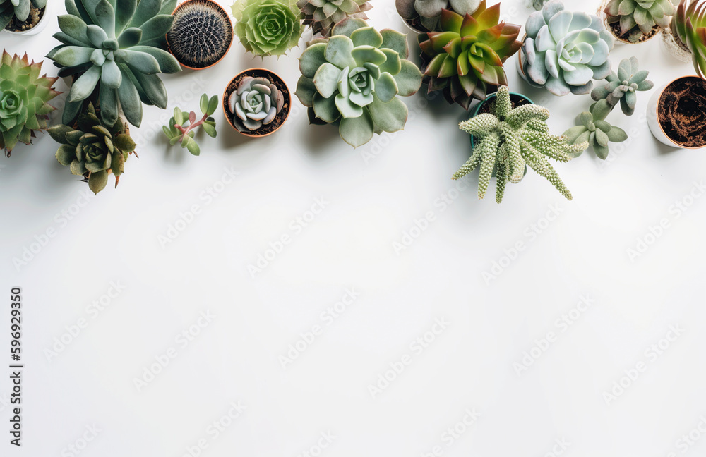 succulent plants on white background, top down view floral frame of ...