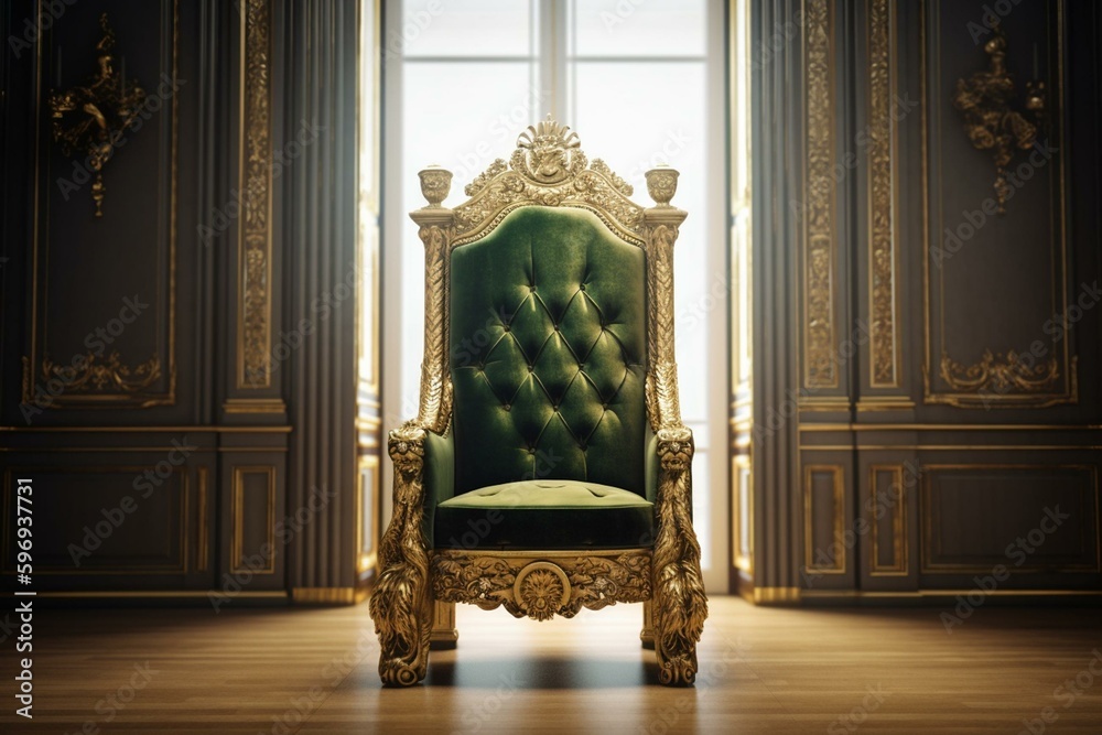Front-facing golden throne on brown wooden floor, draped in green ...