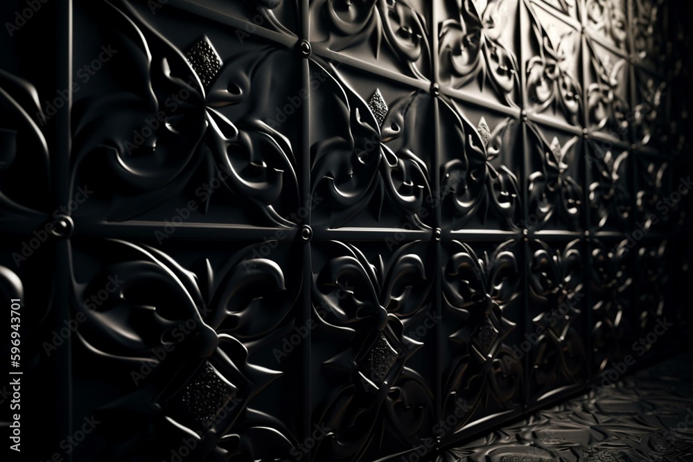 Polished black tile wallpaper with elaborate arabesque motifs, creating ...