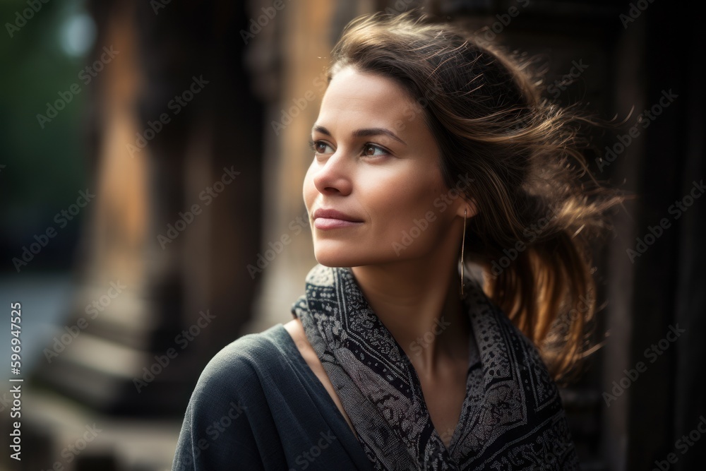 Portrait of a beautiful young woman with long brown hair in the city ...