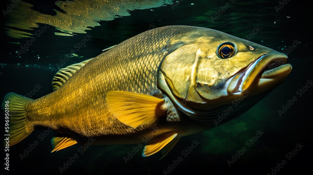 An adult golden dorado is swimming underwater in dark water with dark ...