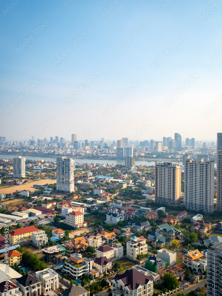 Phnom Penh,Cambodia - April 23 2023: High-angle vertical view of Phnom ...