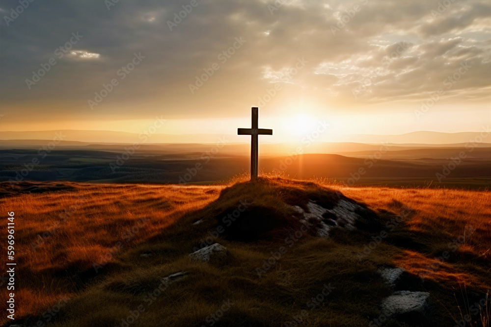 Christian cross on a hill while the sun is setting. sunset in the ...