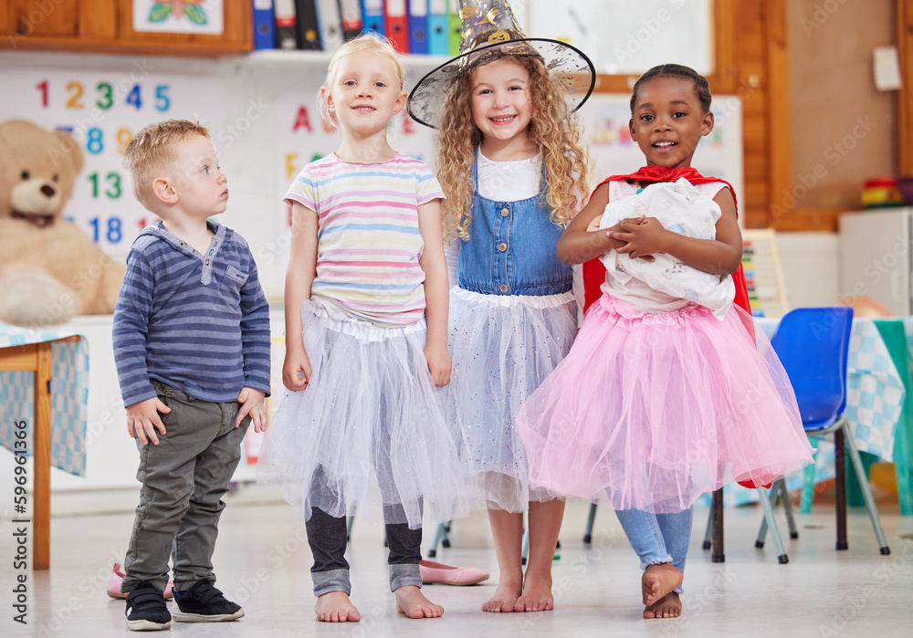 We love dressing up and playing together. Shot of a group of preschool ...