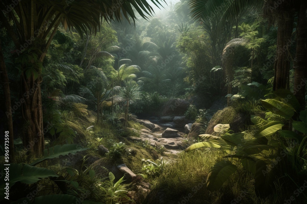 2d artwork of tropical wilderness with abundant foliage and unique ...
