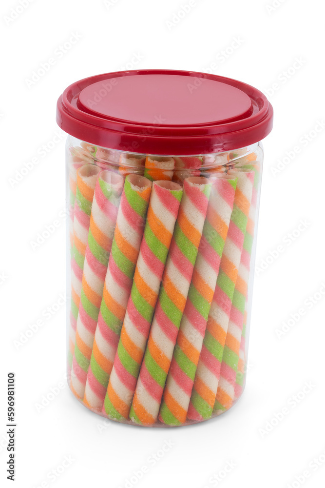 Wafer stick roll in transparent jar isolated on white background ...