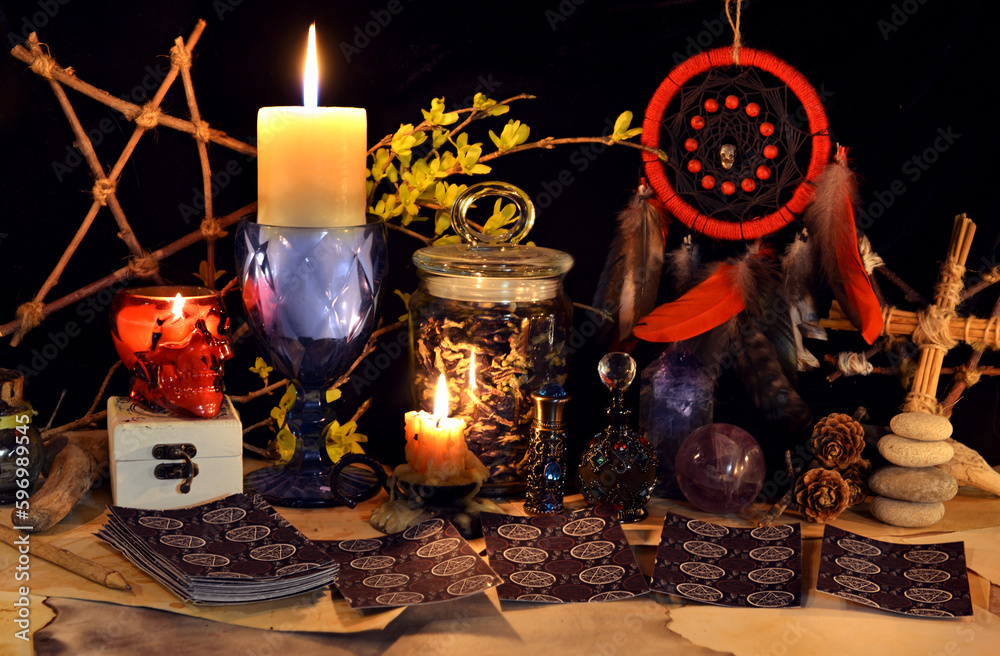Photo Esoteric and occult still life with vintage magic objects, tarot ...