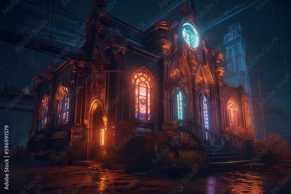 Neon church with a blend of punk and steampunk elements. Generative AI ...