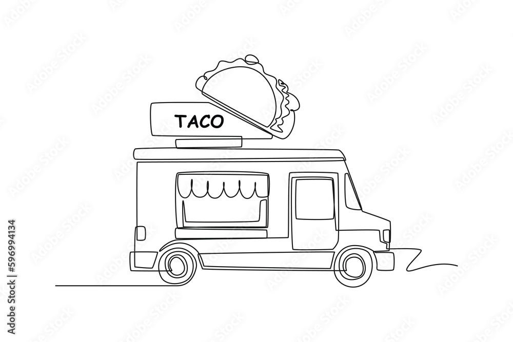 Single one line drawing Food trucks. Restaurant on wheels. Vans for ...