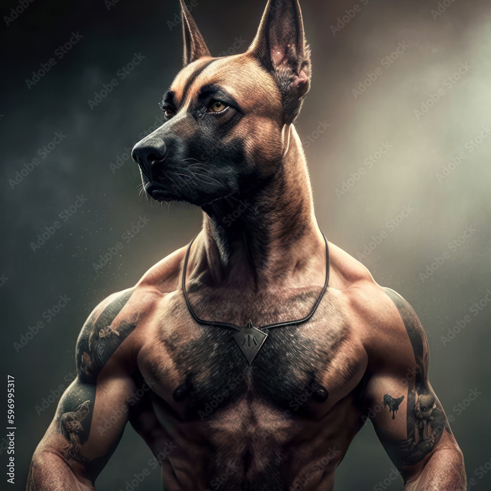 Sci-fi humanoid dog with tattoos and muscular body. Portrait of a ...