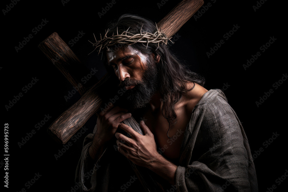 Jesus Christ wearing crown of thorns and carrying the cross. Portrait ...
