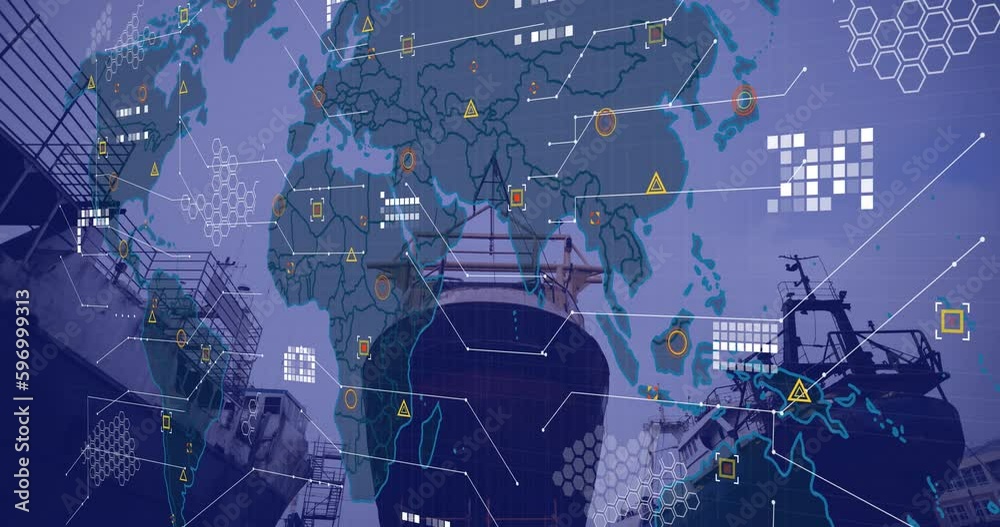 Animation of ship world map with connections and data processing Stock ...
