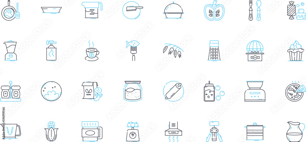 Domestic cooking linear icons set. Recipe, Stove, Oven, Cookware ...