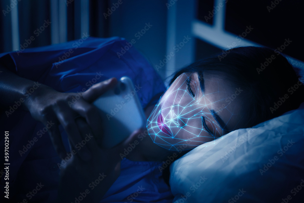 Asian female scanning face ID to unlock door security with facial ...