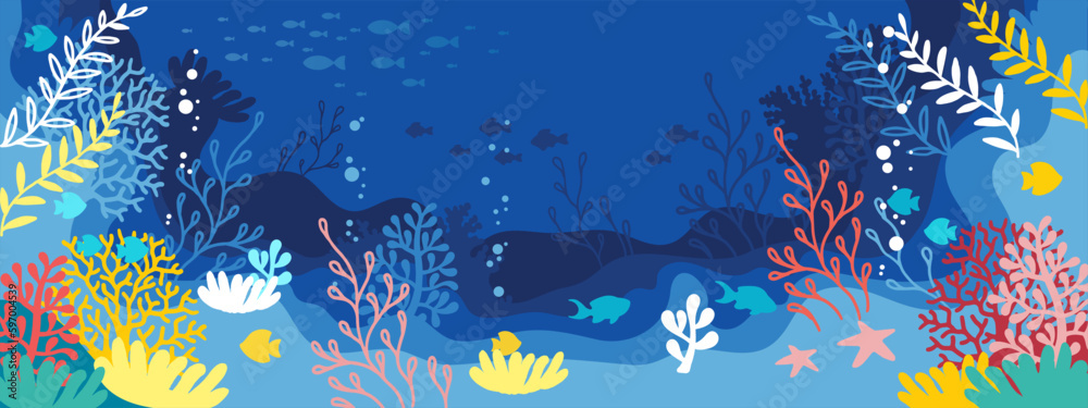 Horizontal blue background. Underwater marine life of a coral reef ...