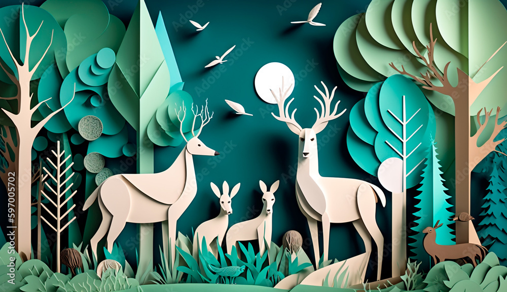 paper art style ecology concept ecosystem jungle animals and plants ...