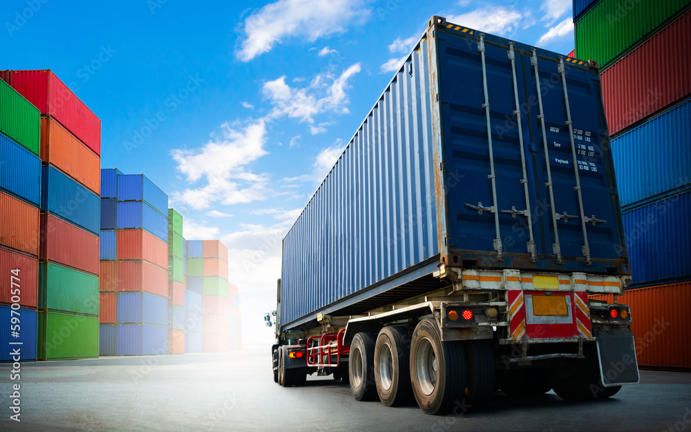 Semi trailer Truck Parked with Row of Stacked Containers Cargo Shipping ...